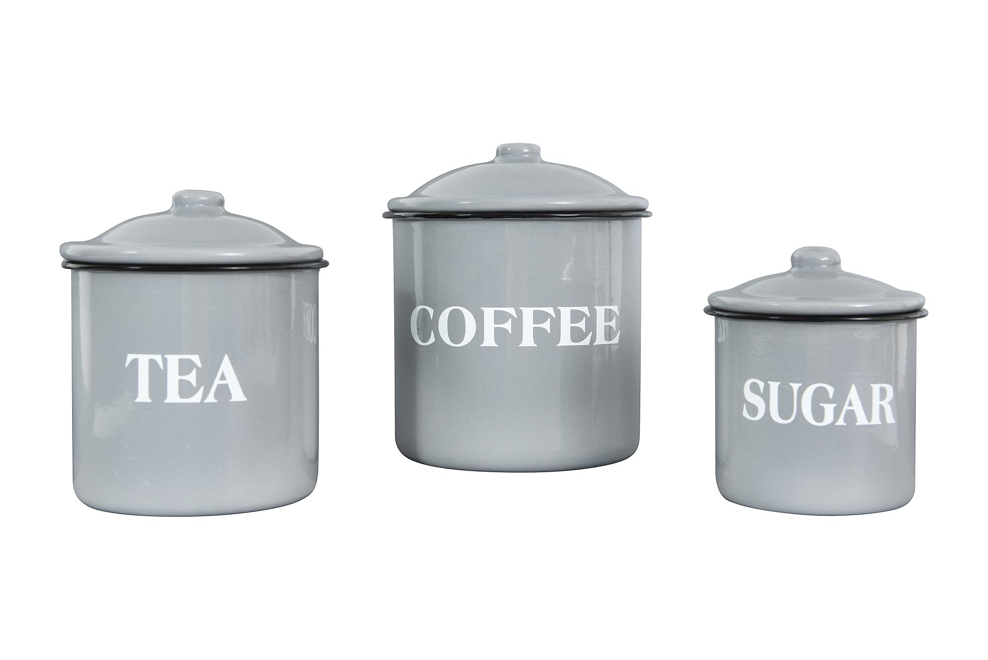 Creative Co-Op Metal Containers with Lids, "Coffee", "Tea", "Sugar" (Set of 3 Sizes/Designs),Grey