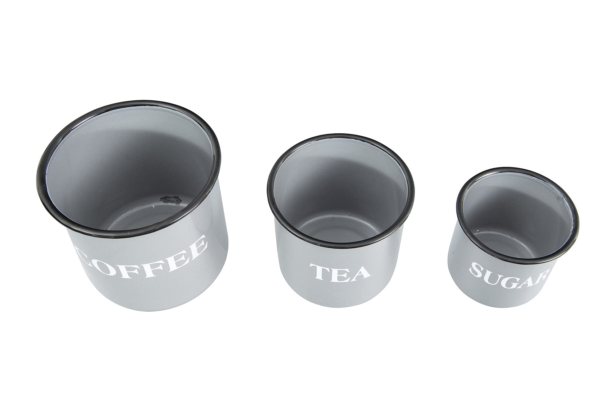 Creative Co-Op Metal Containers with Lids, "Coffee", "Tea", "Sugar" (Set of 3 Sizes/Designs),Grey