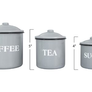 Creative Co-Op Metal Containers with Lids, "Coffee", "Tea", "Sugar" (Set of 3 Sizes/Designs),Grey