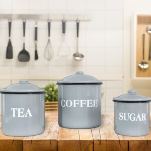 Creative Co-Op Metal Containers with Lids, "Coffee", "Tea", "Sugar" (Set of 3 Sizes/Designs),Grey