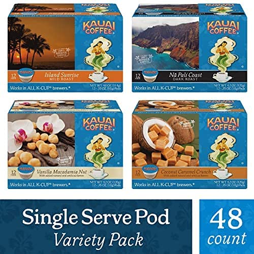 Kauai Coffee Starter Variety Pack of Island Sunrise, Na Pali Coast, Vanilla Macadamia Nut, Coconut Caramel Crunch –Compatible with Keurig Pods K-Cup Brewers (4 Packs of 12 Single-Serve Cups)