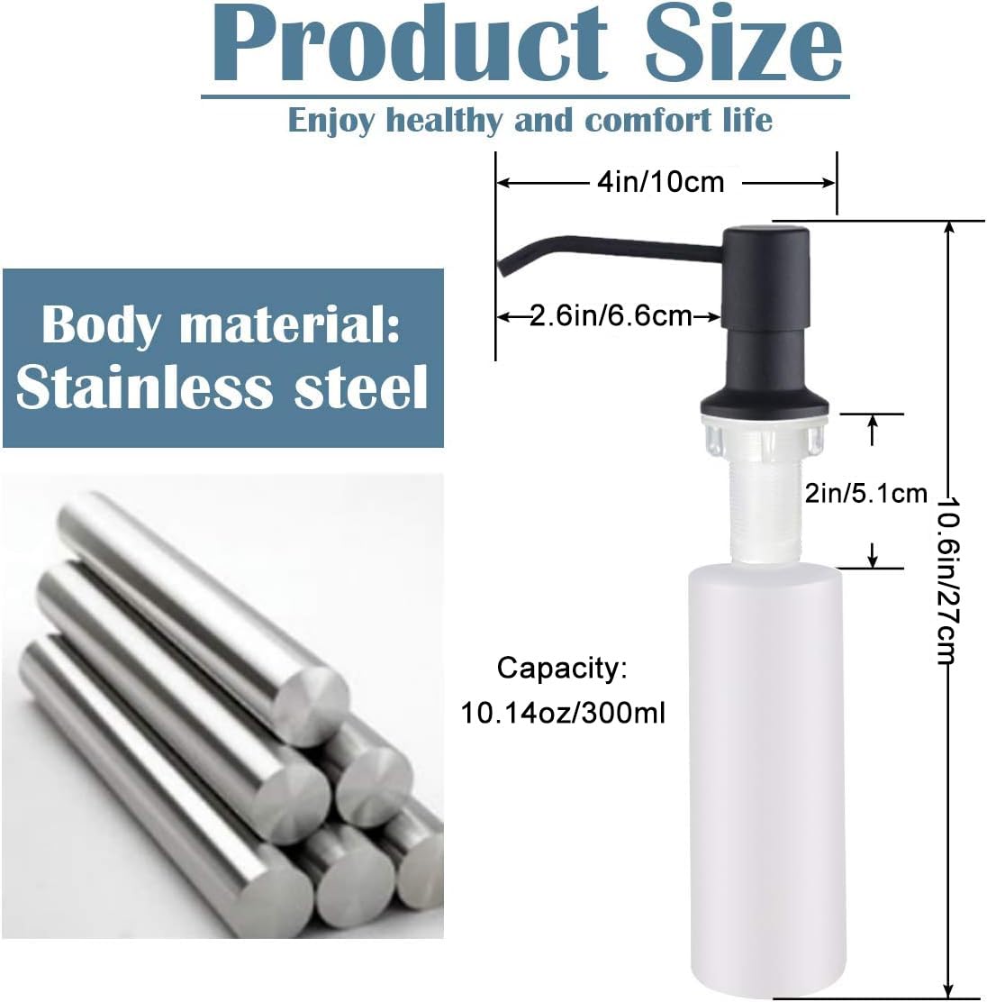 Soap Dispenser for Kitchen Sink (Matte Black), Built in Design Sink Soap Dispenser, Refill from The Top,Stainless Steel Kitchen Soap Pump with 10 fl.oz Bottle (300ml)