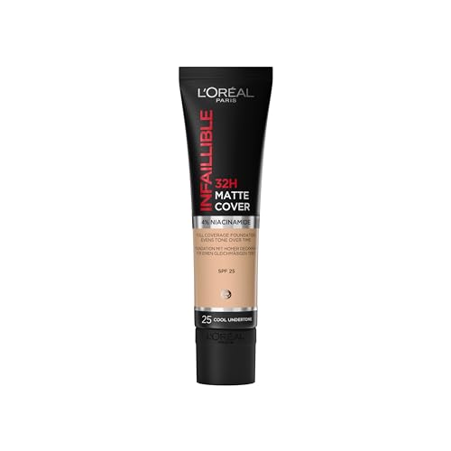 L'Oreal Paris Cover Liquid Foundation, With 4% Niacinamide, Long Lasting, Natural Finish, Available in 20 Shades, SPF 25, Infallible 32H Matte Cover, Shade 25, 30ml