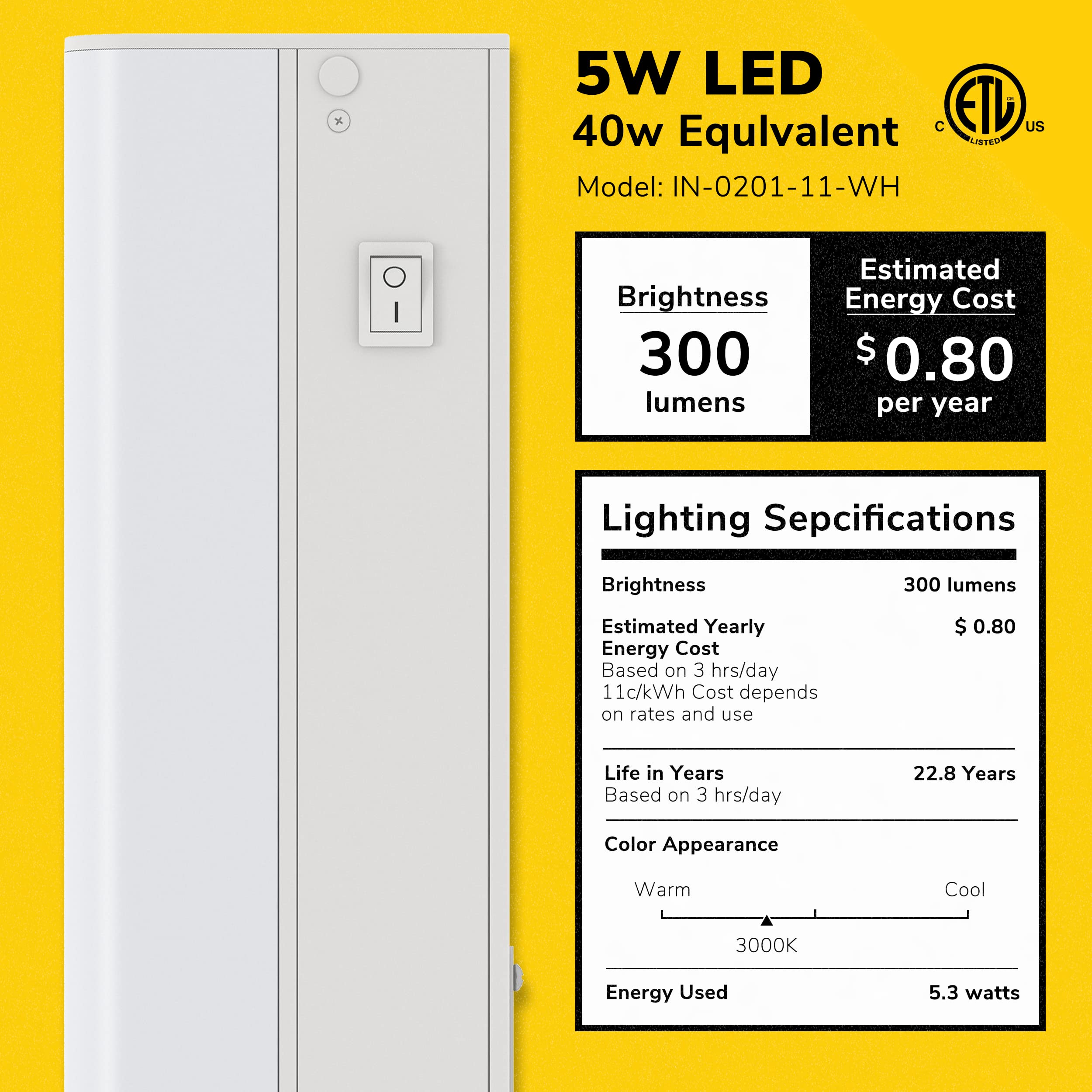 GETINLIGHT Dimmable Hardwired Only Under Cabinet LED Lights, 12-inch, Soft White(3000K), Matte White Finished, ETL Listed, IN-0201-11-WH