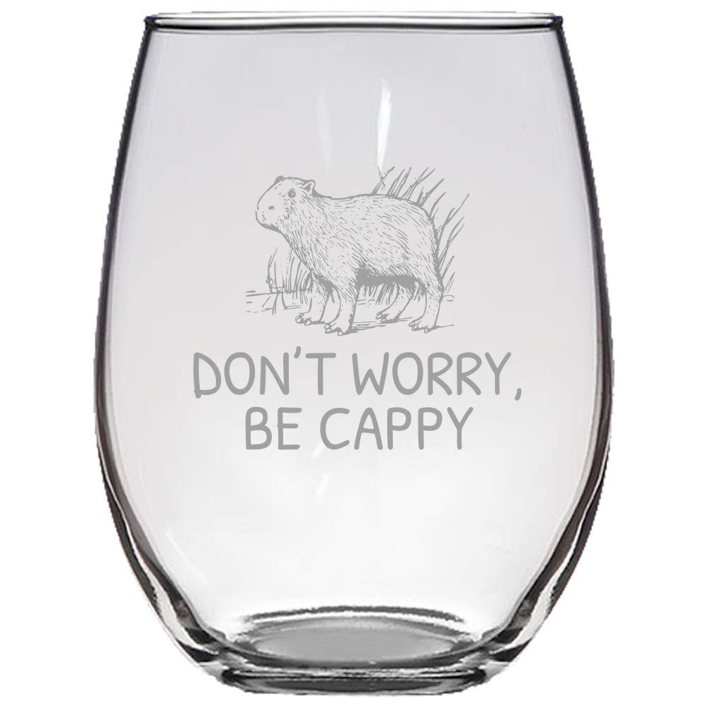 Funny Capybara Gift - Capybara Lover Gift Idea - Capybara Present - Don't Worry, Be Cappy - Stemless Wine Glass