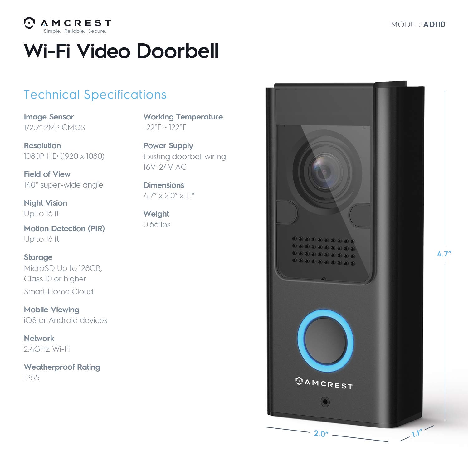 Amcrest 1080P Video Doorbell Camera Pro, Outdoor Smart Home 2.4GHz WiFi Doorbell Camera (Wired Power), MicroSD Card, PIR Motion Detect, RTSP, IP55 Weatherproof, 2-Way Audio, 140º Wide-Angle AD110