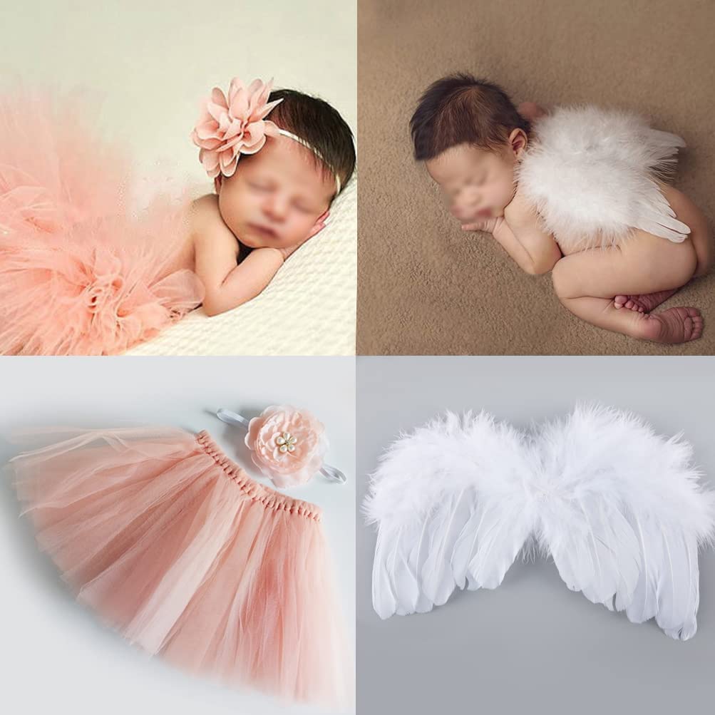 CoFashion Newborn Girls Photo Prop Outfits Newborn Photography Props-Pink Tutu Skirt & Baby Girl Angel Wings Set- Newborn Photo Props Girl Newborn Girl Outfits for Photography