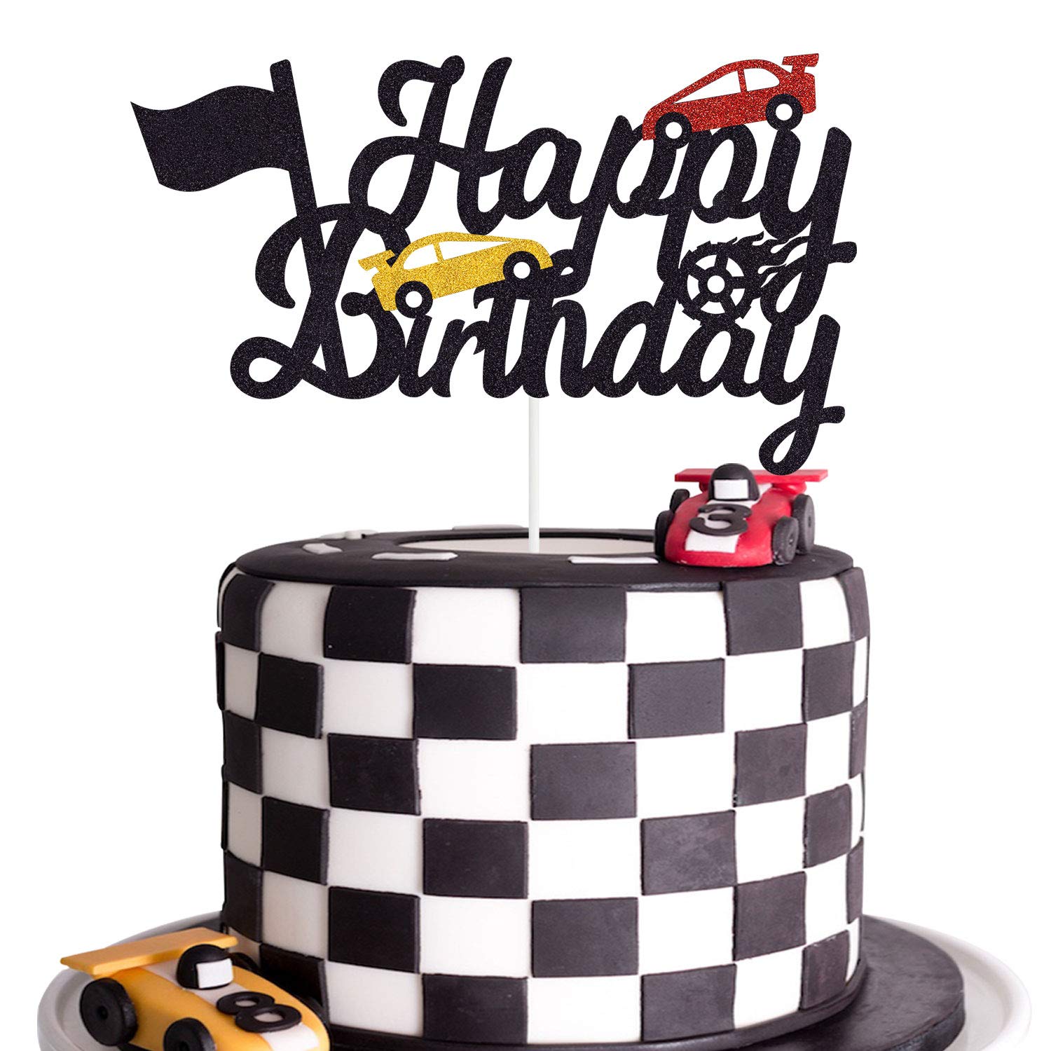 Marwey Race Car Birthday Cake Topper Happy Birthday Cake Decor Chequered Flag Themed Party Supplies Decorations(Doubled-Sided)