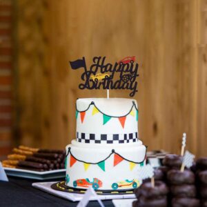 Marwey Race Car Birthday Cake Topper Happy Birthday Cake Decor Chequered Flag Themed Party Supplies Decorations(Doubled-Sided)