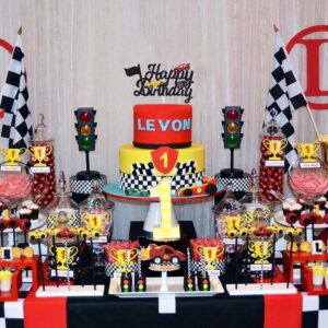 Marwey Race Car Birthday Cake Topper Happy Birthday Cake Decor Chequered Flag Themed Party Supplies Decorations(Doubled-Sided)