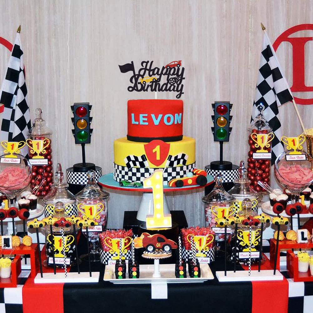 Marwey Race Car Birthday Cake Topper Happy Birthday Cake Decor Chequered Flag Themed Party Supplies Decorations(Doubled-Sided)