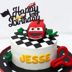 Marwey Race Car Birthday Cake Topper Happy Birthday Cake Decor Chequered Flag Themed Party Supplies Decorations(Doubled-Sided)