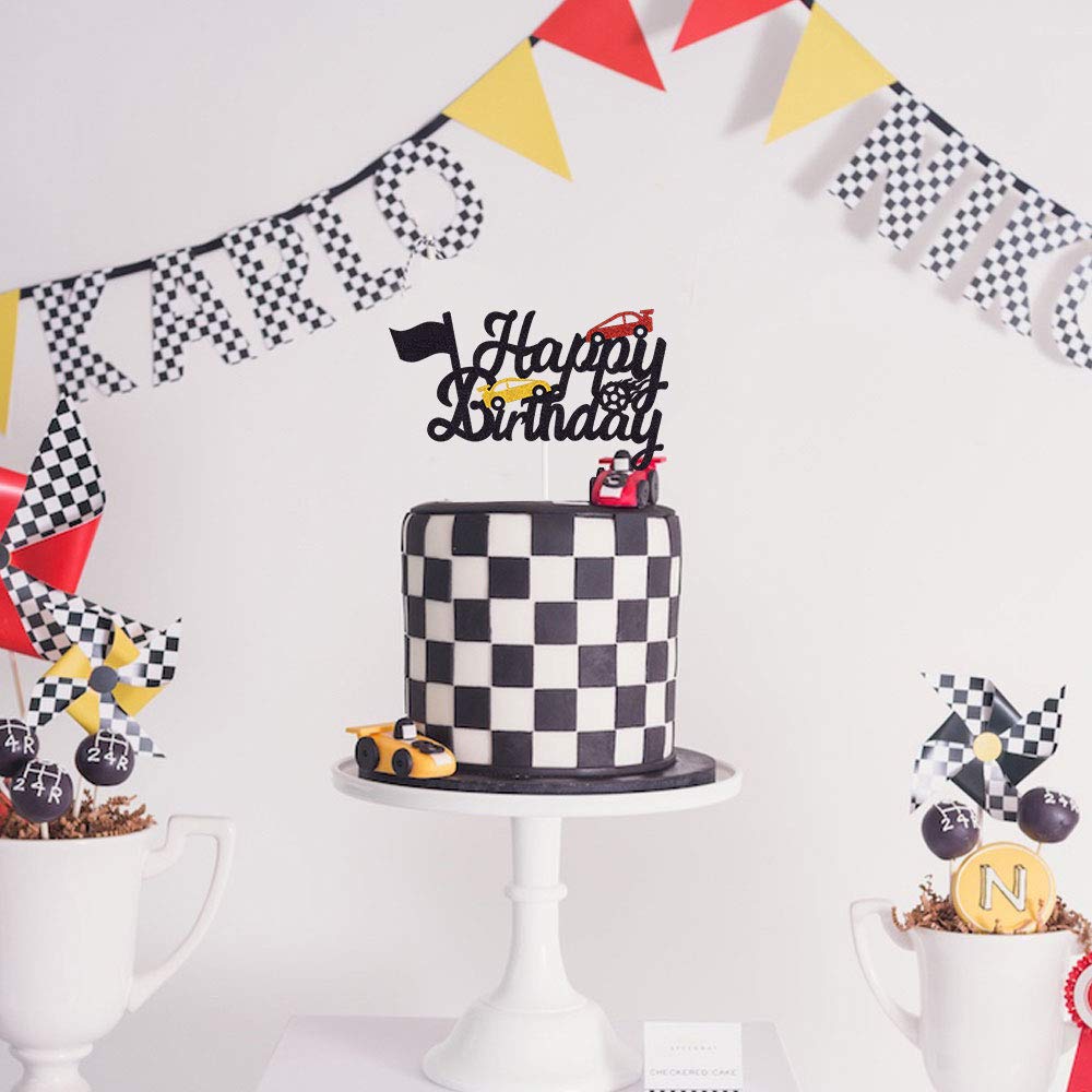 Marwey Race Car Birthday Cake Topper Happy Birthday Cake Decor Chequered Flag Themed Party Supplies Decorations(Doubled-Sided)