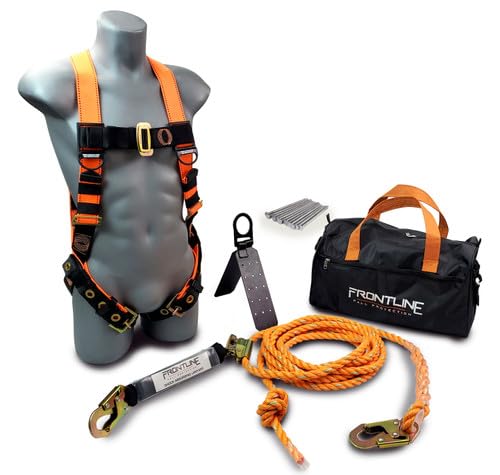 Frontline RK5PTB50 Combat™ Complete Roofers Kit with 50' Lifeline | Combat Economy Series Full Body Harness (Size: Universal) | Hinged Reusable Roof Anchor | OSHA & ANSI Compliant