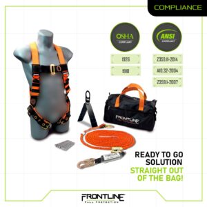 Frontline RK5PTB50 Combat™ Complete Roofers Kit with 50' Lifeline | Combat Economy Series Full Body Harness (Size: Universal) | Hinged Reusable Roof Anchor | OSHA & ANSI Compliant