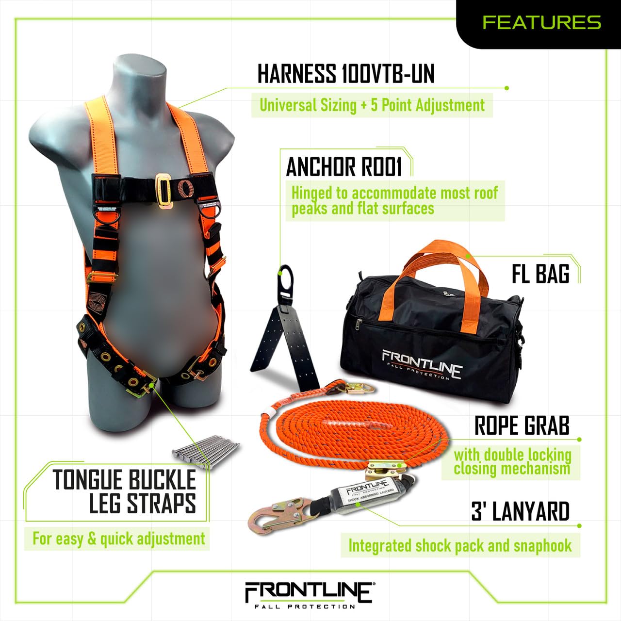 Frontline RK5PTB50 Combat™ Complete Roofers Kit with 50' Lifeline | Combat Economy Series Full Body Harness (Size: Universal) | Hinged Reusable Roof Anchor | OSHA & ANSI Compliant