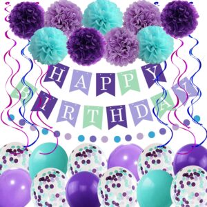 mermaid birthday decorations for girls women, 29pcs birthday party supplies including pom poms flowers happy birthday banner dots garland hanging swirls and balloons purple teal confetti