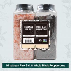 Soeos Himalayan Pink Salt 39 oz + Whole Black Peppercorns 18 oz, Kosher Bulk, Coarse Salt, for Grinder Refill, Peppercorns, Pepper and Grinder, Non-GMO Verified, Kosher, Spice Seasoning Set For Cooking