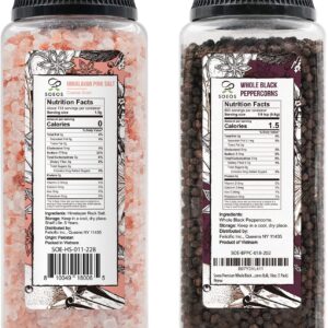 Soeos Himalayan Pink Salt 39 oz + Whole Black Peppercorns 18 oz, Kosher Bulk, Coarse Salt, for Grinder Refill, Peppercorns, Pepper and Grinder, Non-GMO Verified, Kosher, Spice Seasoning Set For Cooking