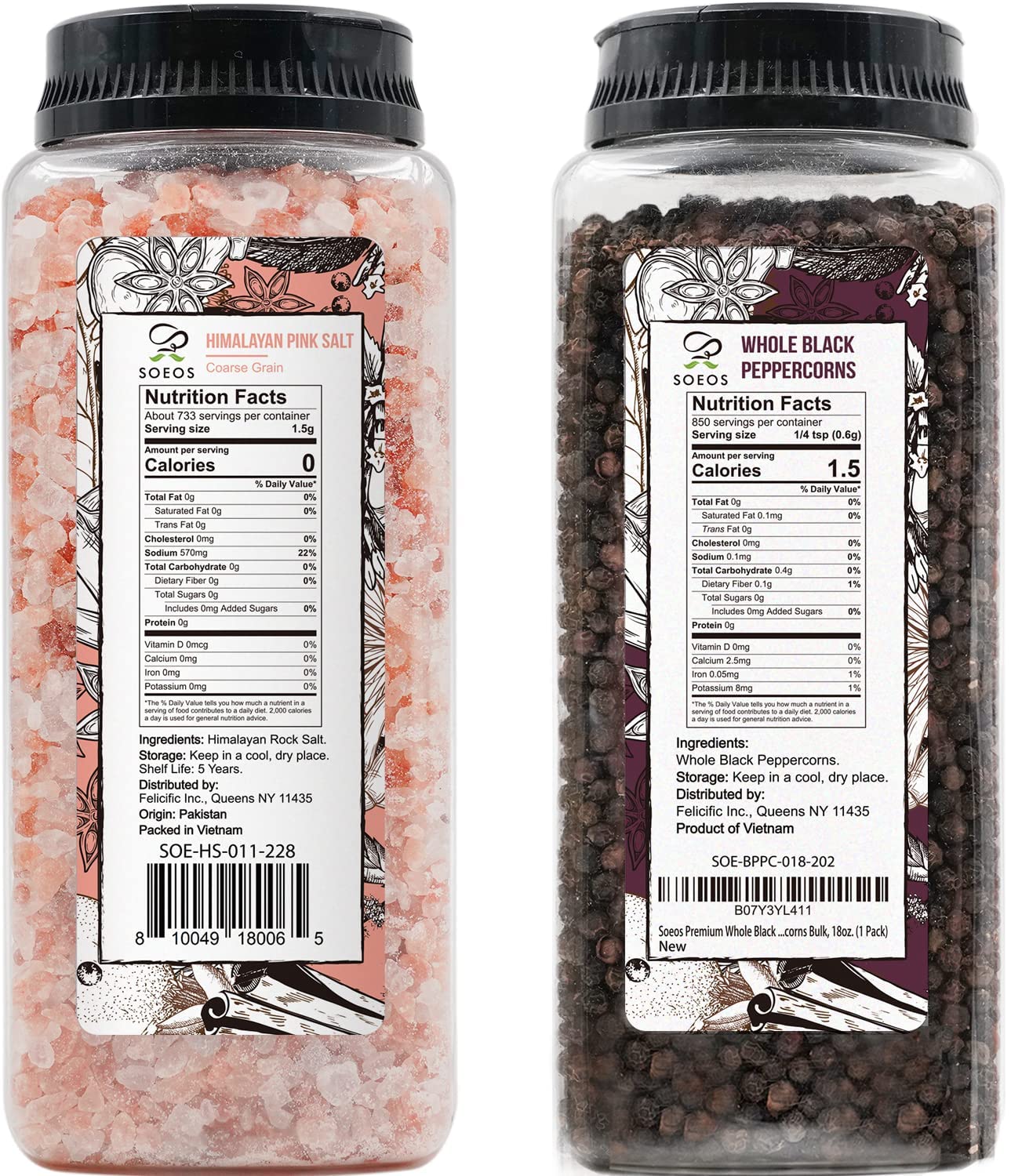 Soeos Himalayan Pink Salt 39 oz + Whole Black Peppercorns 18 oz, Kosher Bulk, Coarse Salt, for Grinder Refill, Peppercorns, Pepper and Grinder, Non-GMO Verified, Kosher, Spice Seasoning Set For Cooking