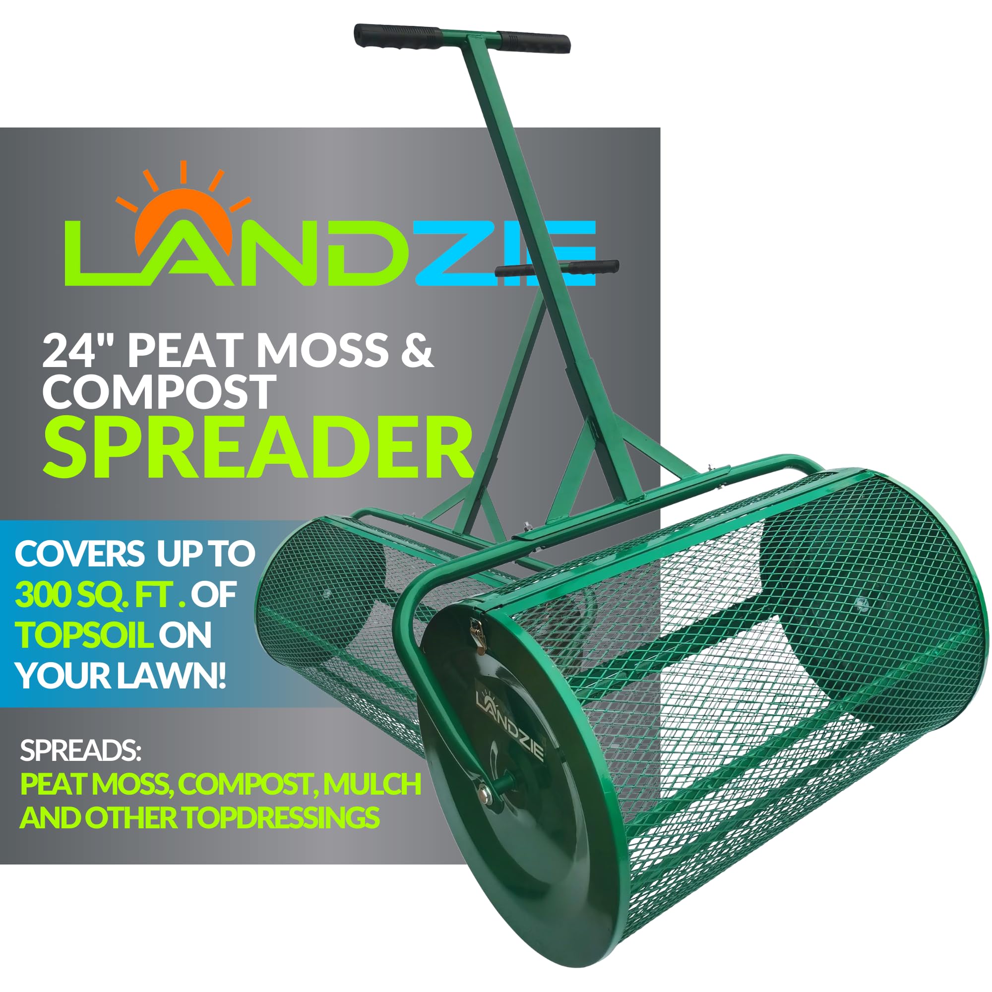 Landzie 24 Inch Wide 16 Inch Diameter Metal Mesh Basket Lawn and Garden Rolling Yard Soil, Peat Moss, Manure, and Compost Topdressing Push Spreader