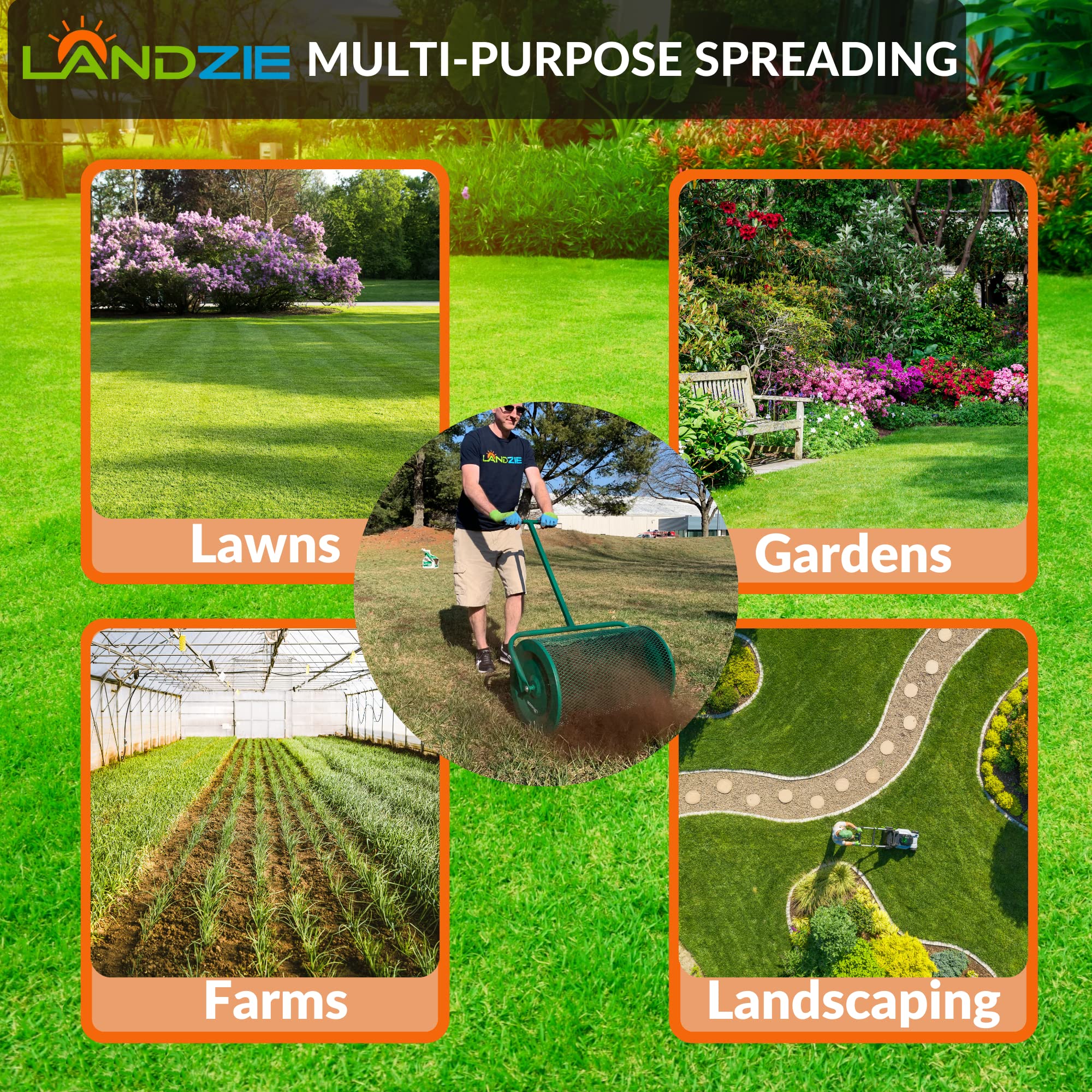 Landzie 24 Inch Wide 16 Inch Diameter Metal Mesh Basket Lawn and Garden Rolling Yard Soil, Peat Moss, Manure, and Compost Topdressing Push Spreader