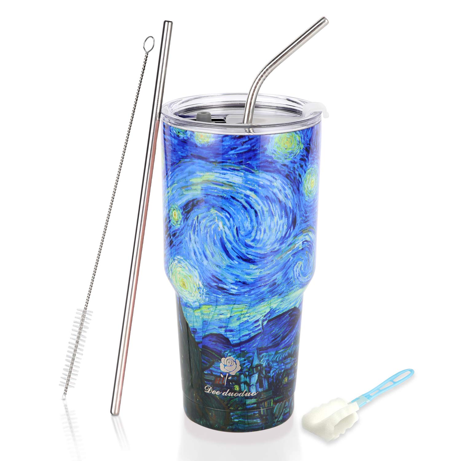 Dee duoduo 30 oz Tumbler Double Wall Stainless Steel Vacuum Insulated Coffee Cup with Splash-Proof Lid, 2 Metal Straws and Brush, Travel Mug for Home Office School (Starry Night-Gogh)