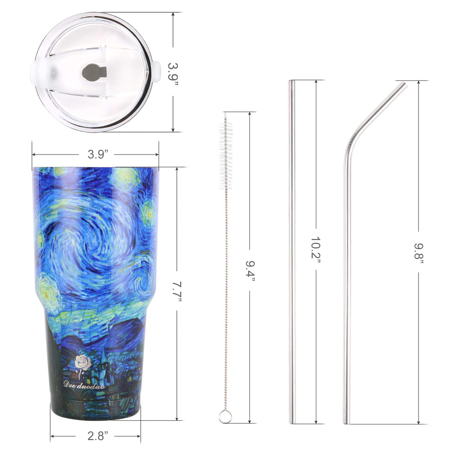 Dee duoduo 30 oz Tumbler Double Wall Stainless Steel Vacuum Insulated Coffee Cup with Splash-Proof Lid, 2 Metal Straws and Brush, Travel Mug for Home Office School (Starry Night-Gogh)