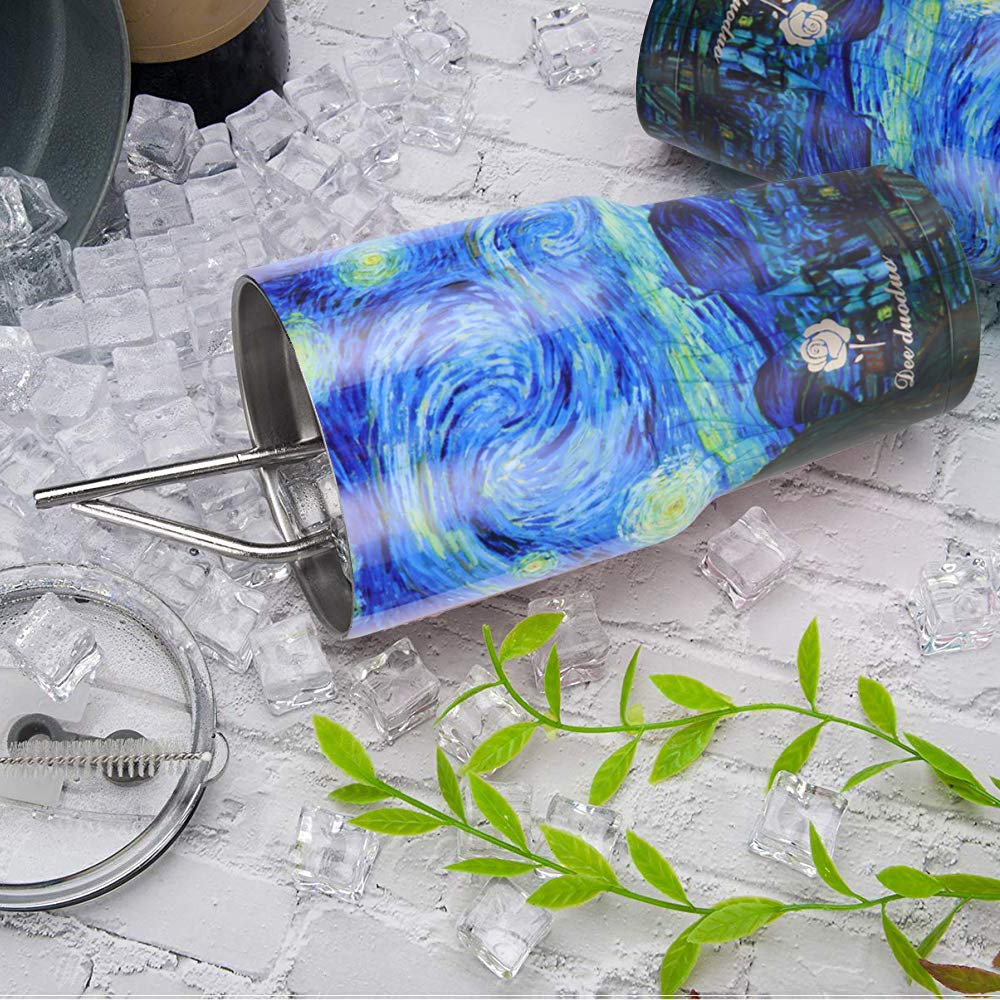 Dee duoduo 30 oz Tumbler Double Wall Stainless Steel Vacuum Insulated Coffee Cup with Splash-Proof Lid, 2 Metal Straws and Brush, Travel Mug for Home Office School (Starry Night-Gogh)