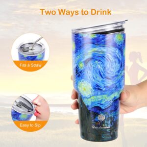 Dee duoduo 30 oz Tumbler Double Wall Stainless Steel Vacuum Insulated Coffee Cup with Splash-Proof Lid, 2 Metal Straws and Brush, Travel Mug for Home Office School (Starry Night-Gogh)