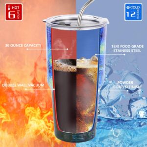 Dee duoduo 30 oz Tumbler Double Wall Stainless Steel Vacuum Insulated Coffee Cup with Splash-Proof Lid, 2 Metal Straws and Brush, Travel Mug for Home Office School (Starry Night-Gogh)