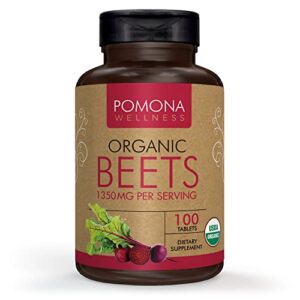 pomona wellness beet root supplement powder 1350mg, supports blood pressure, heart health, circulation, energy & athletic performance, usda organic, non-gmo, vegan, 100 tablets