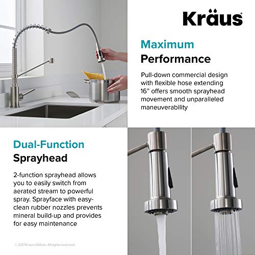 Kraus KPF-1610SFS Bolden 18-Inch Commercial Kitchen Faucet with Dual Function Pull-Down Sprayhead in all-Brite Finish, Spot Free Stainless Steel