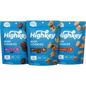 highkey sugar free cookies variety pack - 6.75oz keto snacks zero carb no sugar 3-pack chocolate chip cookie, snickerdoodle, brownie bites low carb gluten free diabetic snack diet friendly food sweets