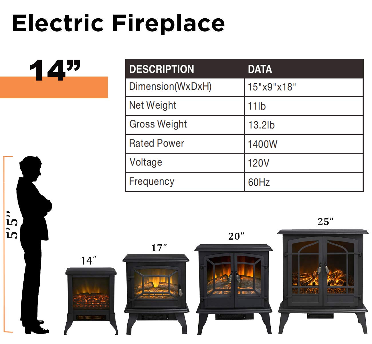 Top Space 18" Electric Fireplace Freestanding