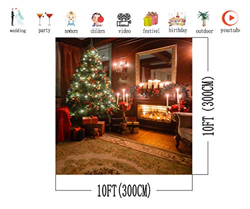 AIIKES 10x10FT Christmas Tree Backdrops Indoor Fireplace Photography Background Xmas Gifts Wood Floor Photo Backdrops Party Home Decoration Photo Booth Studio Props 11-777