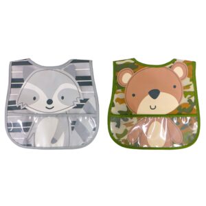 neat solutions 2 pack water resistant toddler bib set - bear & raccoon, multi