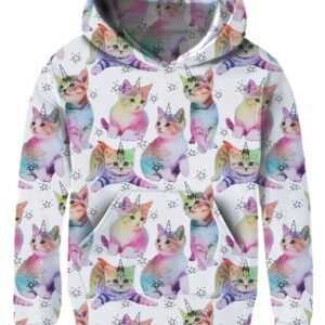 Cat Girls Boys Hoodies 9T Kids Novelty Blue and Pink Kitten Hooded for Child Size 10-12 3D Print Purple Yellow Green Unicorn Tracksuit 11 Years Teens Long Sleeve Tracksuit Juniors Sports Sweater