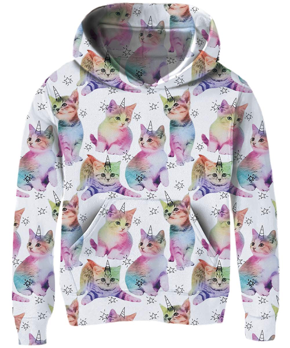 Cat Girls Boys Hoodies 9T Kids Novelty Blue and Pink Kitten Hooded for Child Size 10-12 3D Print Purple Yellow Green Unicorn Tracksuit 11 Years Teens Long Sleeve Tracksuit Juniors Sports Sweater