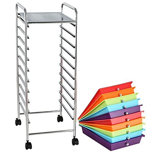 Happygrill 10-Drawer Rolling Storage Cart Utility Trolley Organizer Cart for Home Office School Scrapbook Paper Organizer with Shelf