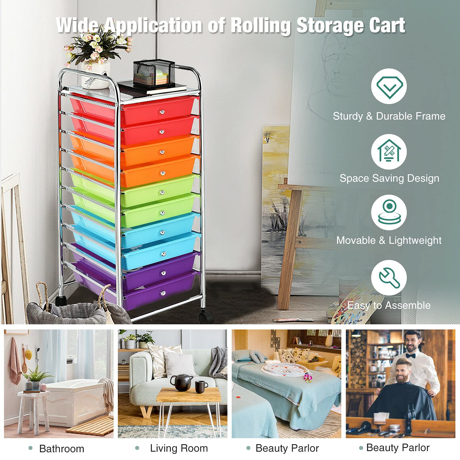 Happygrill 10-Drawer Rolling Storage Cart Utility Trolley Organizer Cart for Home Office School Scrapbook Paper Organizer with Shelf