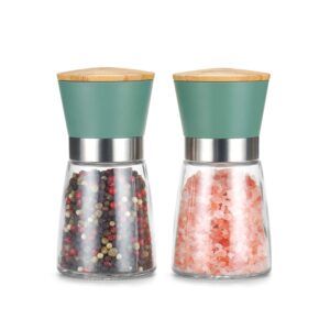 vucchini salt and pepper grinder set bamboo lid- adjustable coarse salt and pepper mills - refillable ceramic burr kitchen gift manual salt pepper shakers green