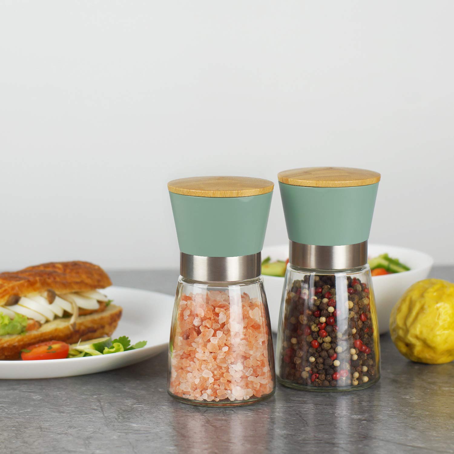 VUCCHINI Salt and Pepper Grinder Set Bamboo Lid- Adjustable Coarse Salt and Pepper Mills - Refillable Ceramic Burr Kitchen Gift Manual Salt Pepper Shakers Green