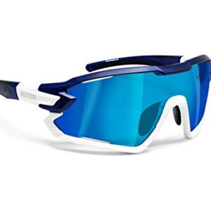 Bertoni Sport Sunglasses Cycling MTB Running Ski Golf Sport Sunglasses Cycling MTB Running Ski Golf Removable Sport Prescription Carrier Included mod. QUASAR (Blue-White/Blue Mirror)