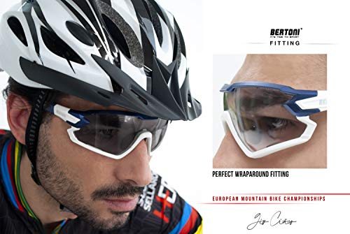 Bertoni Sport Sunglasses Cycling MTB Running Ski Golf Sport Sunglasses Cycling MTB Running Ski Golf Removable Sport Prescription Carrier Included mod. QUASAR (Blue-White/Blue Mirror)