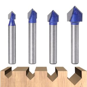 wolfride 4pcs 90 degree v groove router bit 1/4-inch shank v cut router bit set