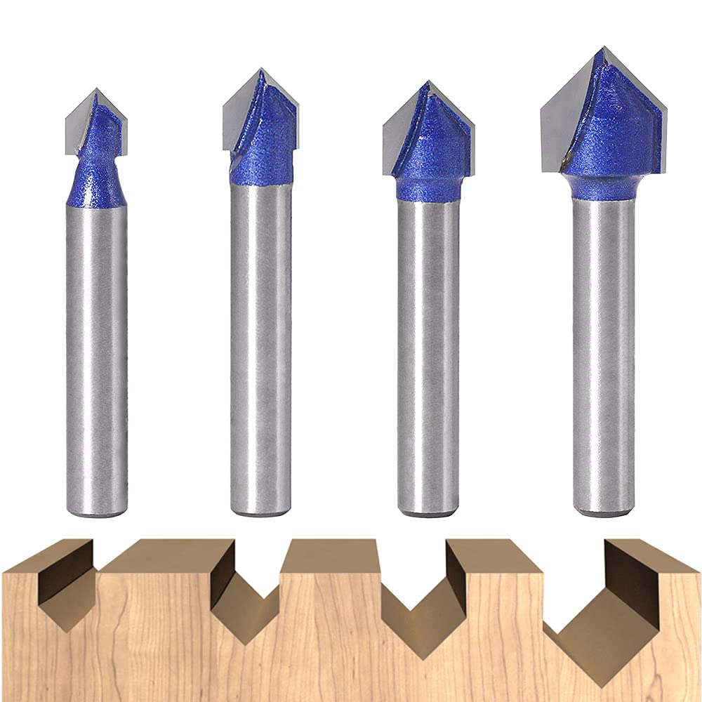 Wolfride 4PCS 90 Degree V Groove Router Bit 1/4-Inch Shank V Cut Router Bit Set