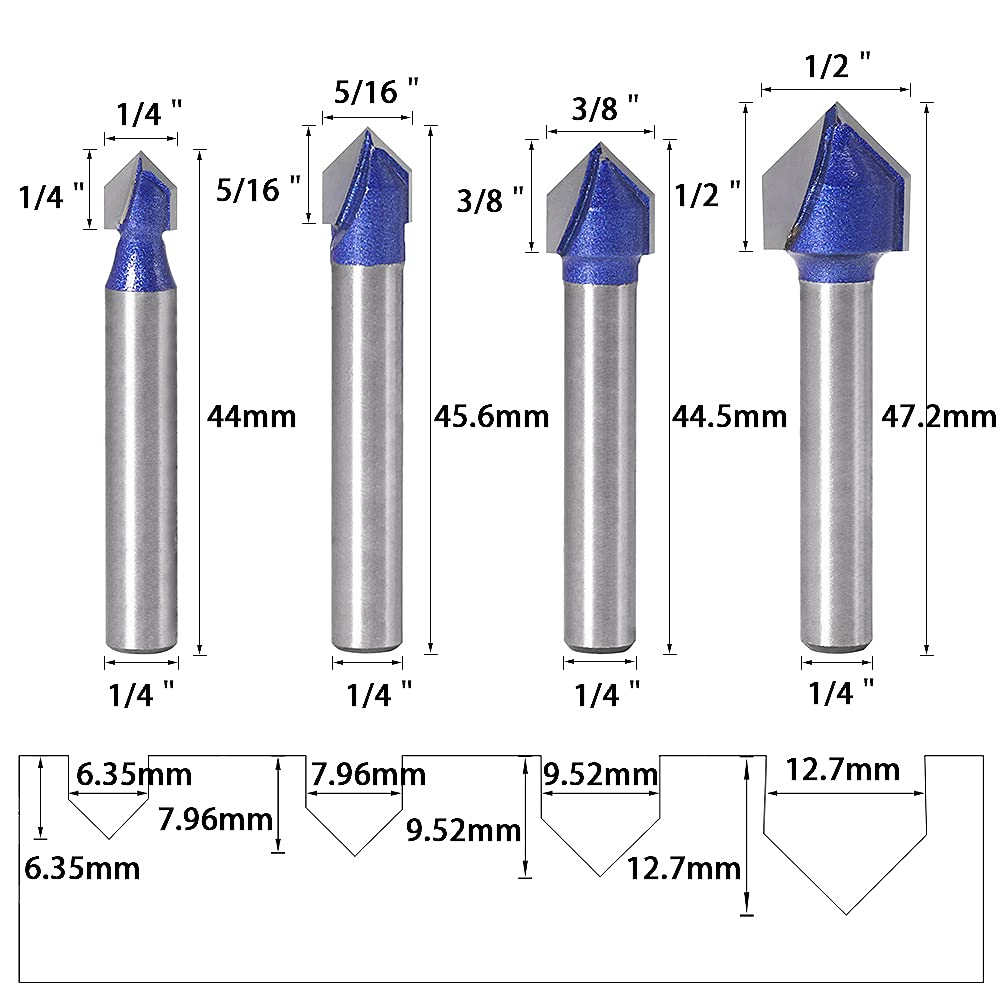 Wolfride 4PCS 90 Degree V Groove Router Bit 1/4-Inch Shank V Cut Router Bit Set