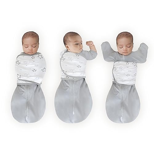 Amazing Baby 6-Way Omni Swaddle Sack for Newborn, Transitional Swaddle Sack with Wrap & Arms Up Sleeves & Mitten Cuffs, Easy Swaddle Transition, Better Sleep, Gray Stars, Small, 0-3 Months