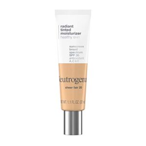 neutrogena healthy skin radiant tinted facial moisturizer with broad spectrum spf 30 sunscreen vitamins a, c, & e, lightweight, sheer, & oil-free coverage, sheer fair 20, 1.1 fl. oz